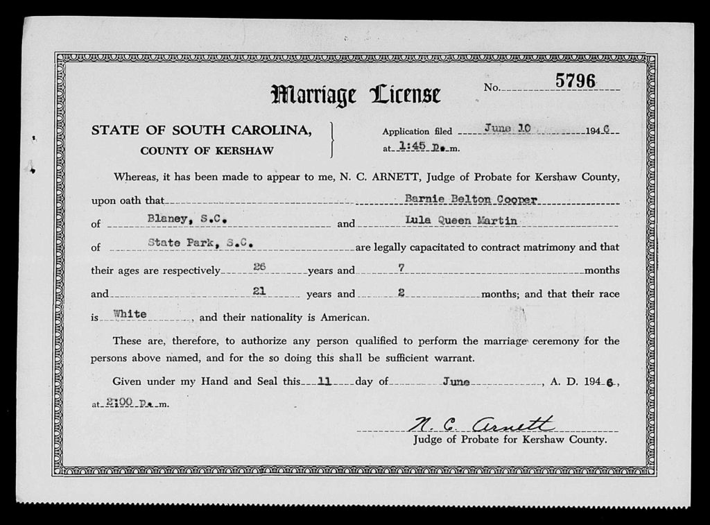 Barney Belton Cooper Jr – Kershaw County, South Carolina History