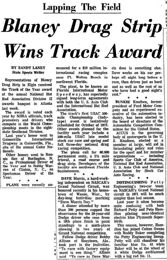 Blaney Drag Strip Wins Track Award – Lapping The Field – Kershaw County ...