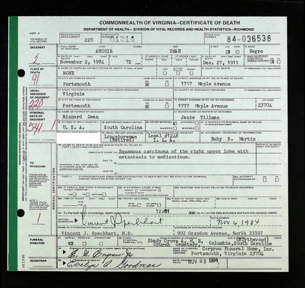 Archie G Dean – Kershaw County, South Carolina History