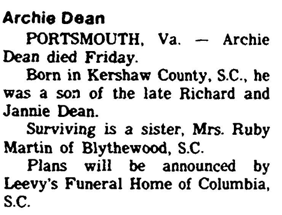 Archie G Dean – Kershaw County, South Carolina History