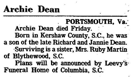 Archie G Dean – Kershaw County, South Carolina History