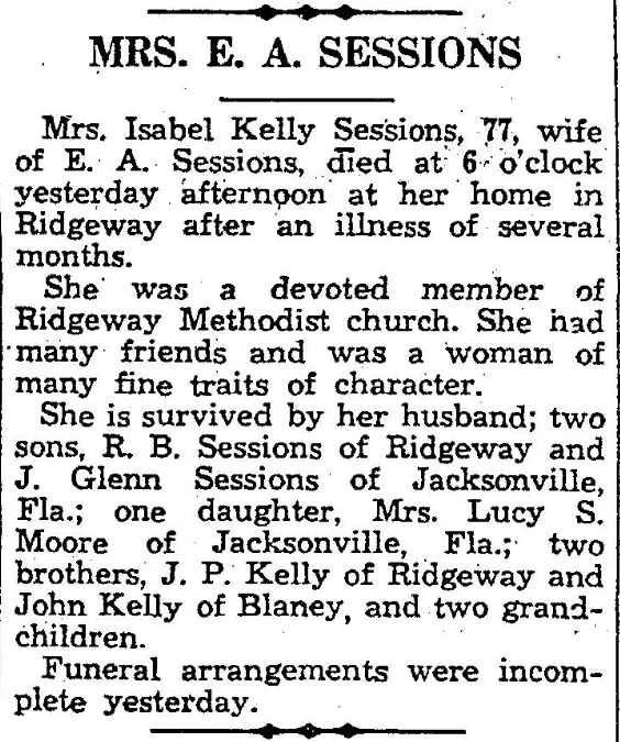 Isabel Kelly Sessions – Kershaw County, South Carolina History