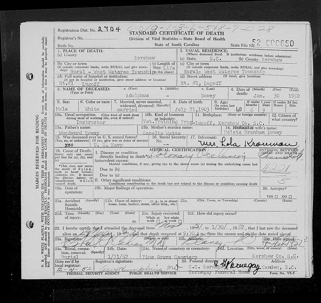 Adolphus Dowey – Kershaw County, South Carolina History