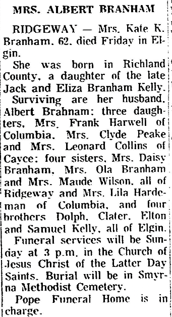 Katie E. Kelly Branham – Kershaw County, South Carolina History