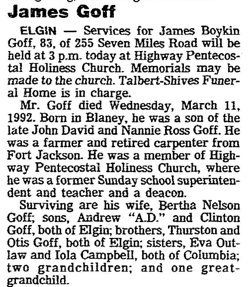 James Boykin “Jimmy” Goff – Kershaw County, South Carolina History