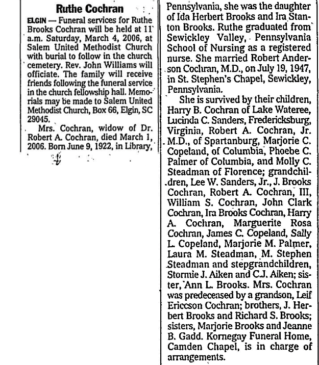 Ruthe Brooks Cochran – Kershaw County, South Carolina History