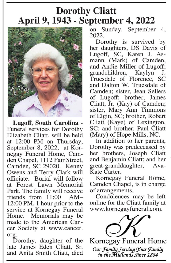 Dorothy Elizabeth Cliatt – Kershaw County, South Carolina History