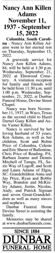 Nancy Ann Killen Price Adams – Kershaw County, South Carolina History