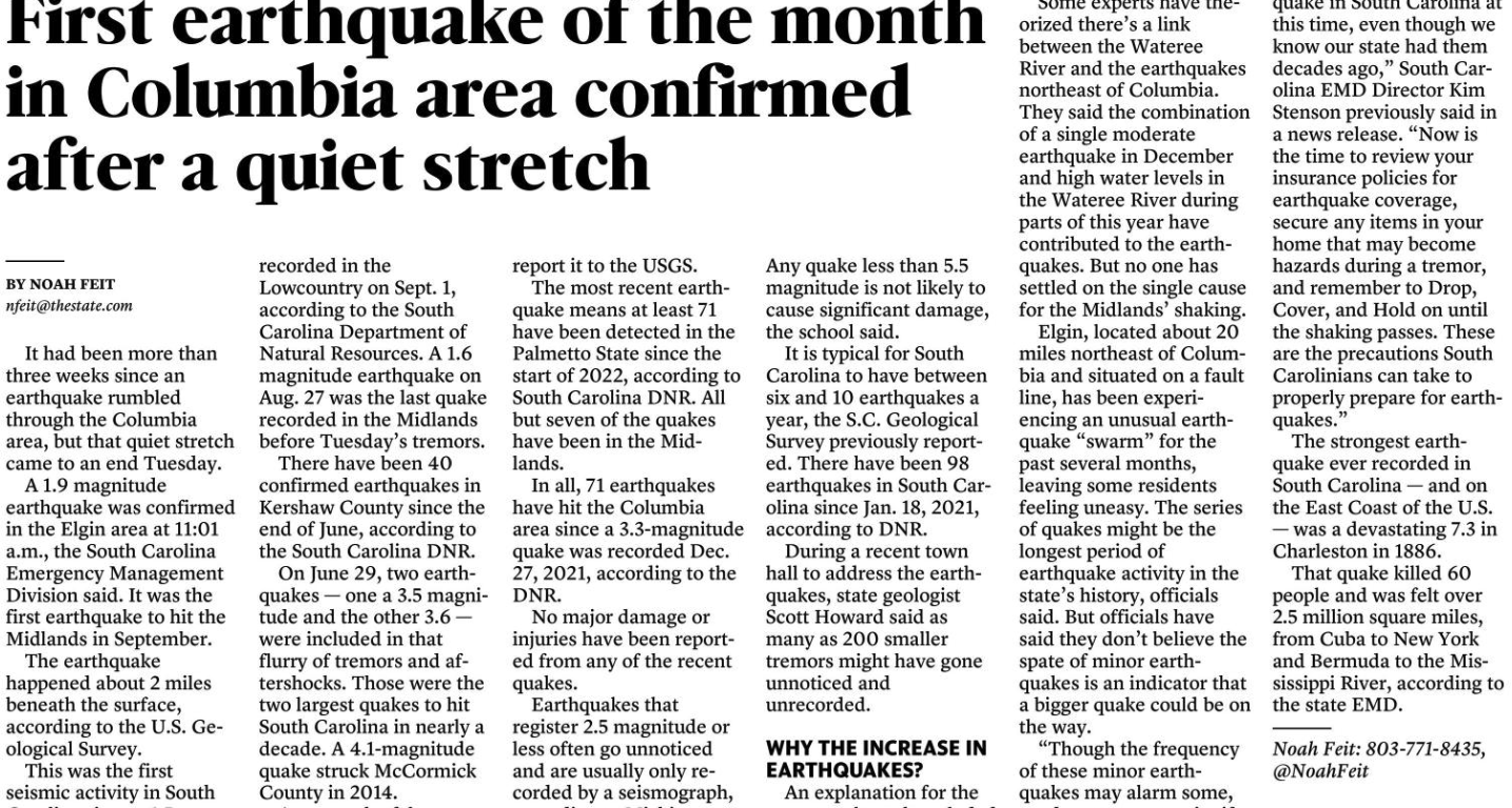 First earthquake of the month in Columbia area confirmed after a quiet ...