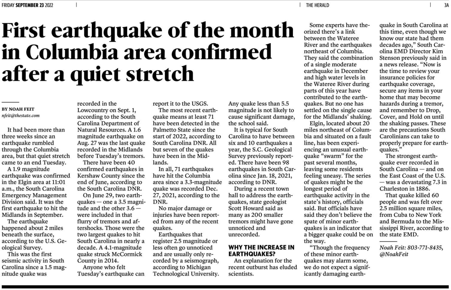 First earthquake of the month in Columbia area confirmed after a quiet ...
