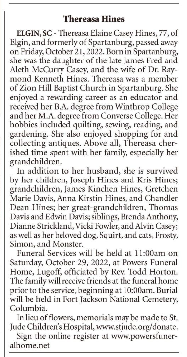 Thereasa Elaine Casey Hines – Kershaw County, South Carolina History