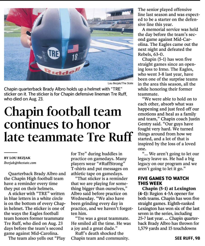 Chapin football team continues to honor late teammate Tre Ruff ...