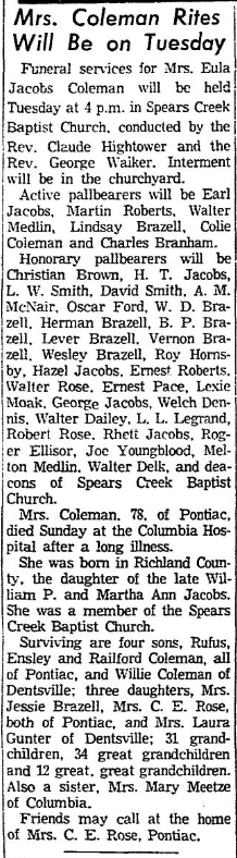 Eula Martha Jacobs Coleman – Kershaw County, South Carolina History