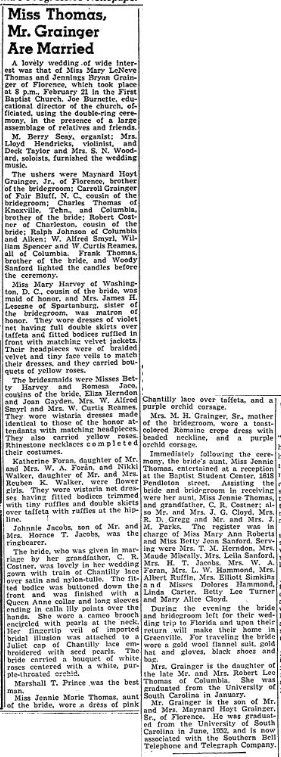 Miss Thomas, Mr. Grainger Are Married – Kershaw County, South Carolina ...