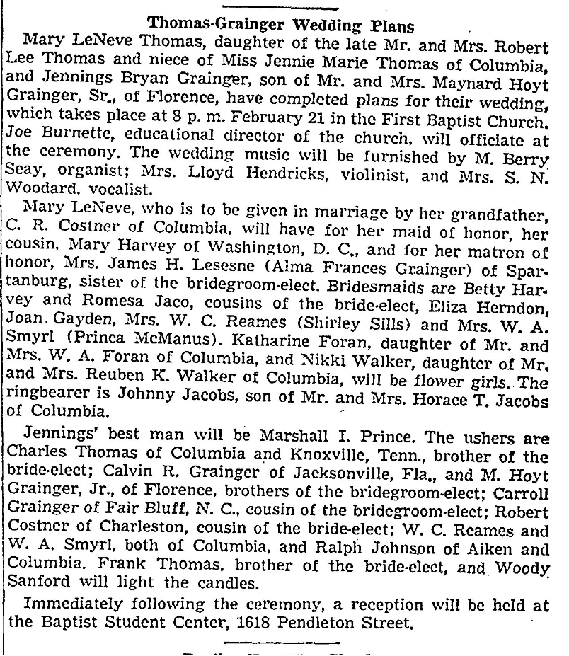 Thomas-Grainger Wedding Plans – Kershaw County, South Carolina History