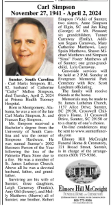 Carl Marks Simpson, III – Kershaw County, South Carolina History