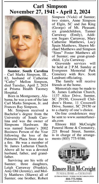 Carl Marks Simpson, III – Kershaw County, South Carolina History