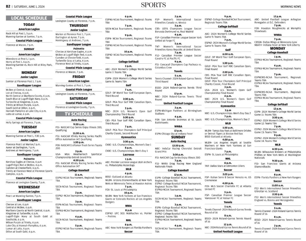 Local / TV Schedule, June 1, 2024 – Kershaw County, South Carolina History