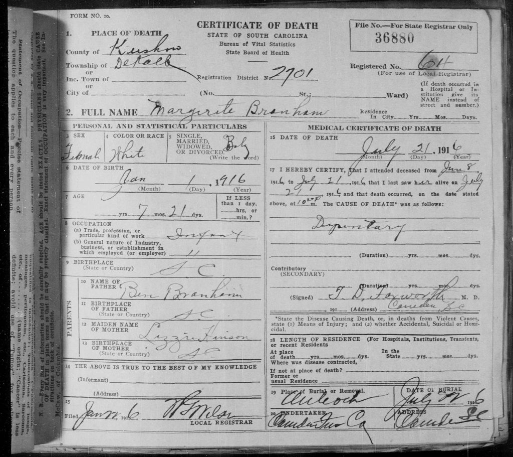 Margarite Branham – Kershaw County, South Carolina History
