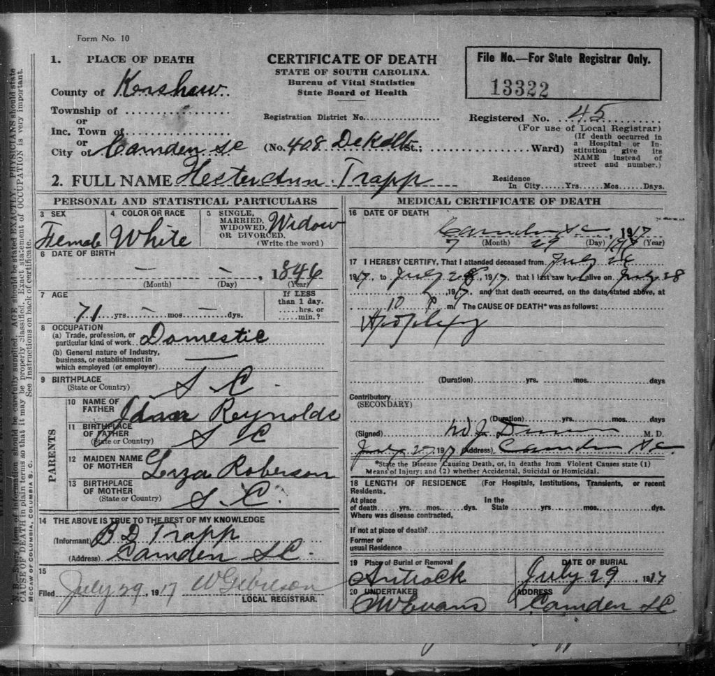 Hester Ann Reynolds Trapp – Kershaw County, South Carolina History