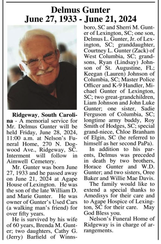 Delmus Gunter – Kershaw County, South Carolina History