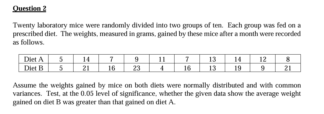 [Answered] Question 2 Twenty laboratory mice were randomly divided into ...