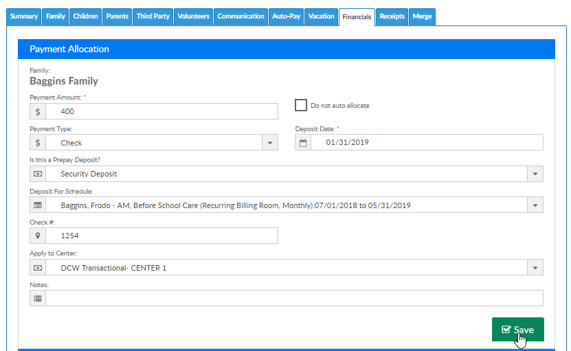Financial- How to record a prepay (security) deposit payment