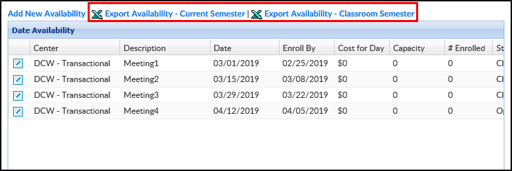 Room/Program - (View Semester), Availability/Camp Days