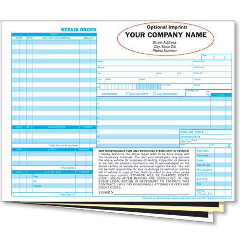 Custom Imprinted Service Repair Orders | Auto Service Forms