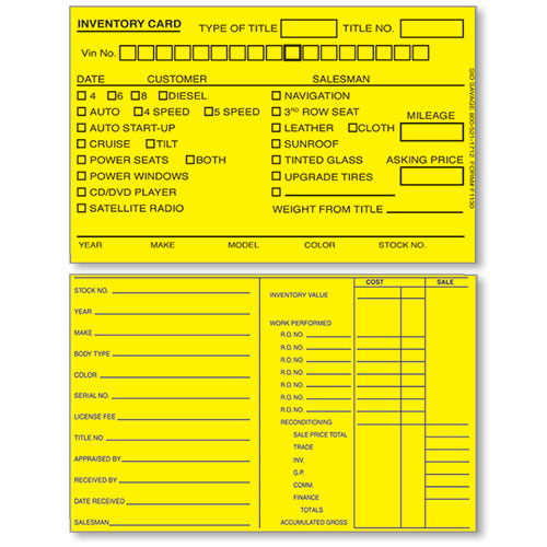 Auto Inventory Cards 3 x 5 Yellow | Car Dealership Supplies