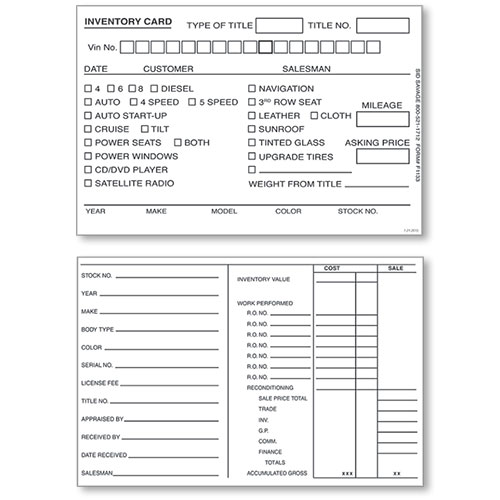 Auto Inventory Cards 4 x 6 White | Car Dealership Supplies