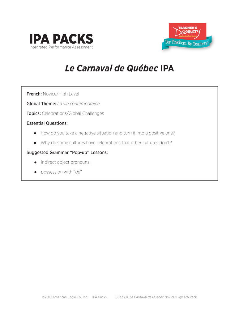 Le Carnaval de Québec Novice-High French IPA Pack Download, Download ...
