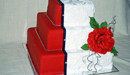 Damask Crewel Square Wedding Cake With Red Roses - CakeCentral.com