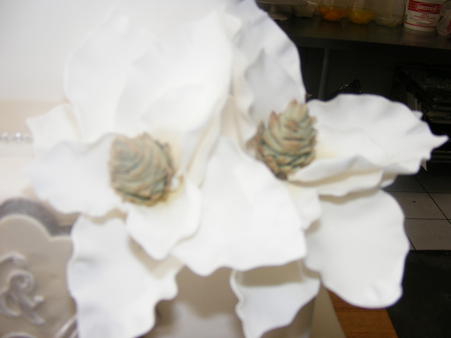 Square Wedding Cake With Gum Paste Magnolias - CakeCentral.com