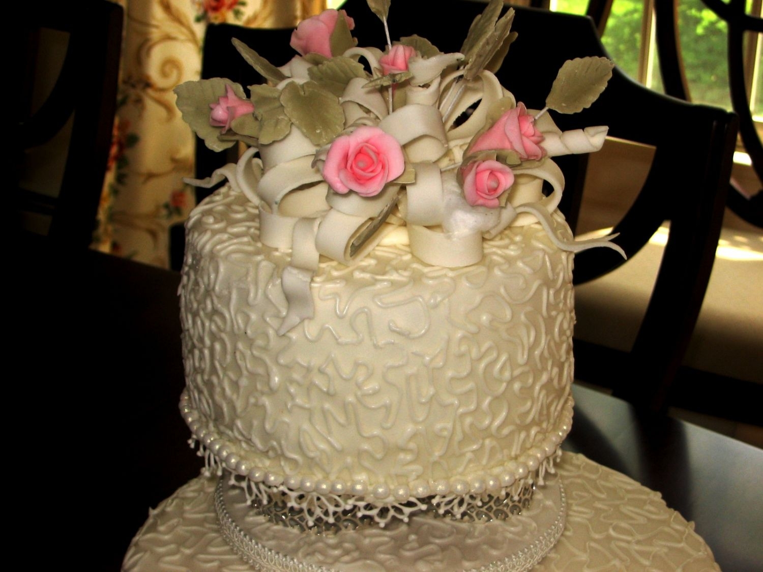 White Cake W/pearls And Lace Points - CakeCentral.com