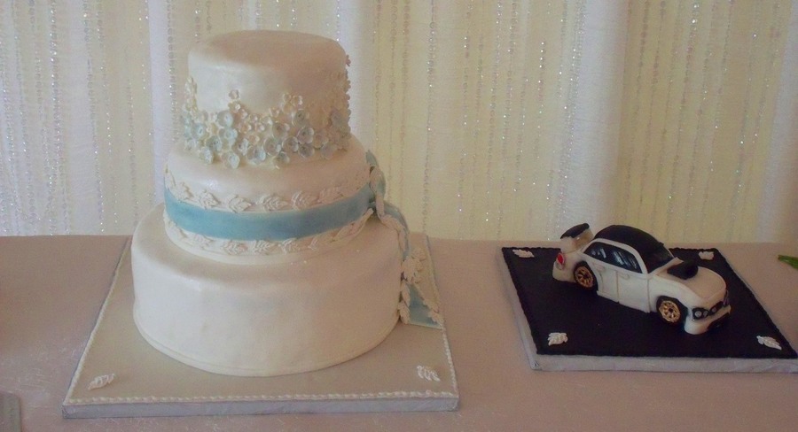 Wedding Cake With Lace Floral Side Design And Groom Car Cake Main ...