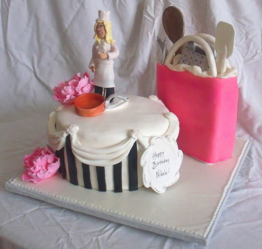 Chef Cookingtheme With Gumpaste Peony, Copper Pot, Chef Figurine, Kitchen Tools In Shopping Bag ...