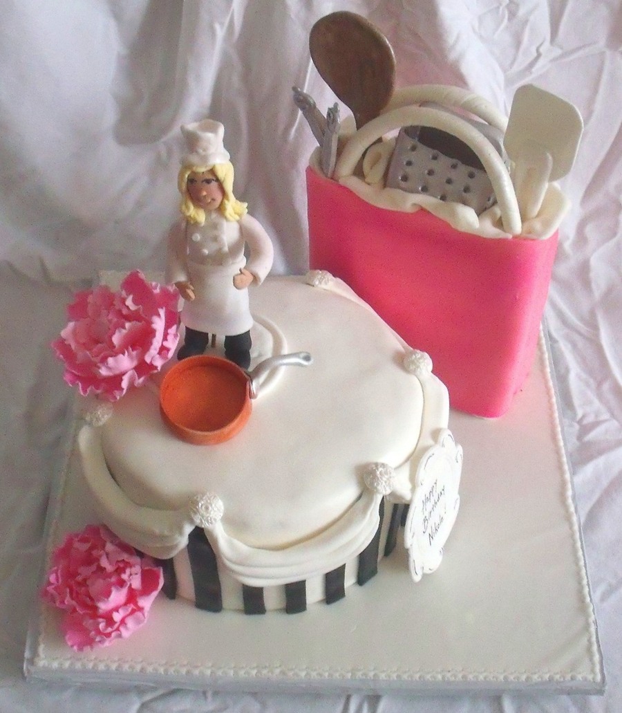 Chef Cookingtheme With Gumpaste Peony, Copper Pot, Chef Figurine, Kitchen Tools In Shopping Bag ...