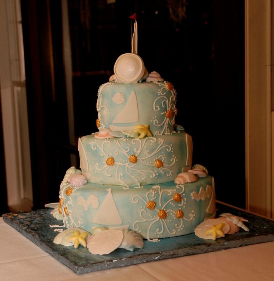 Nautical Cake With Applique Gumpaste Sailboats And 3-D Seashells - CakeCentral.com