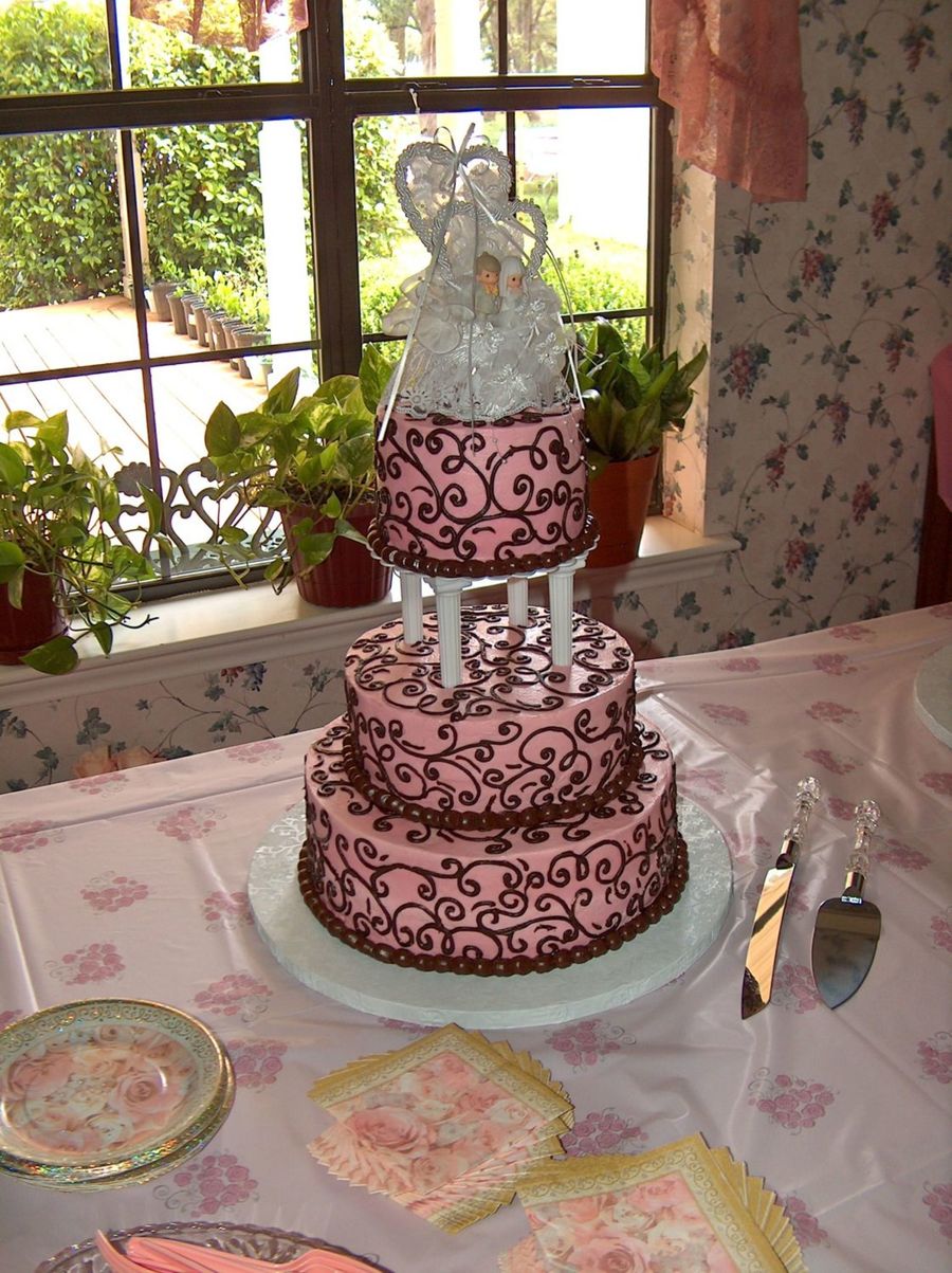 Pink/choc Scroll Wedding Cake - CakeCentral.com