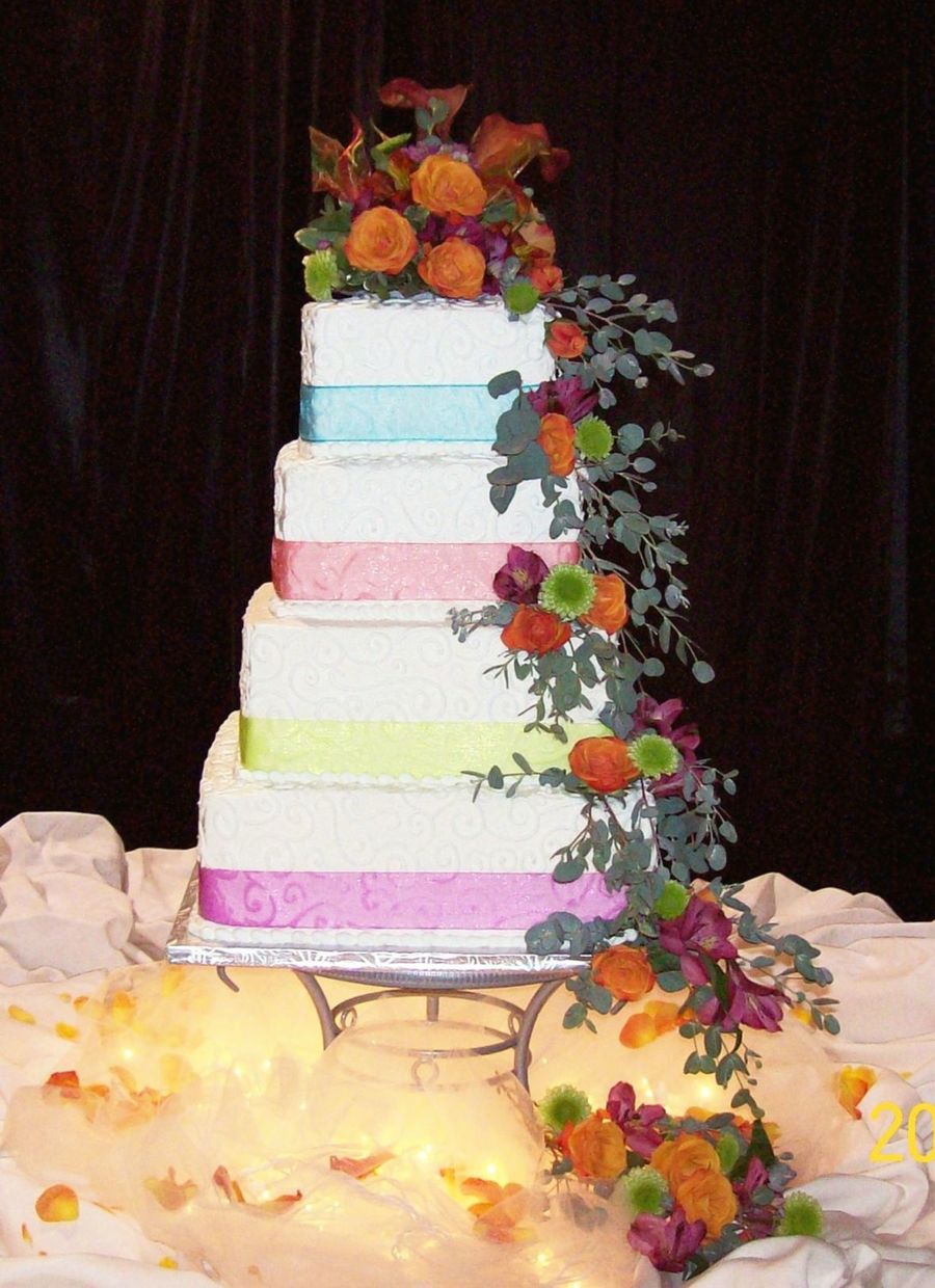 Square Stacked Cake W/ Cascading Flowers - CakeCentral.com