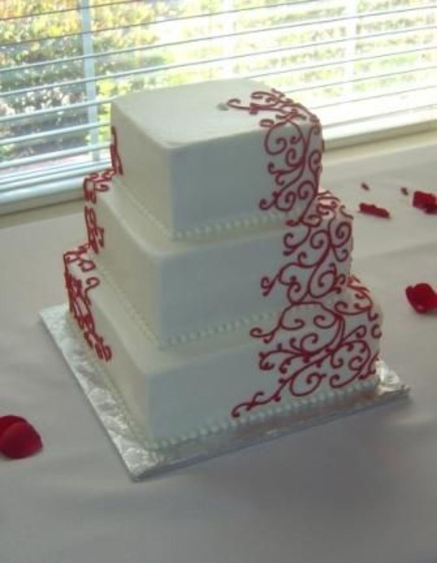 Red Scroll Wedding Cake - CakeCentral.com