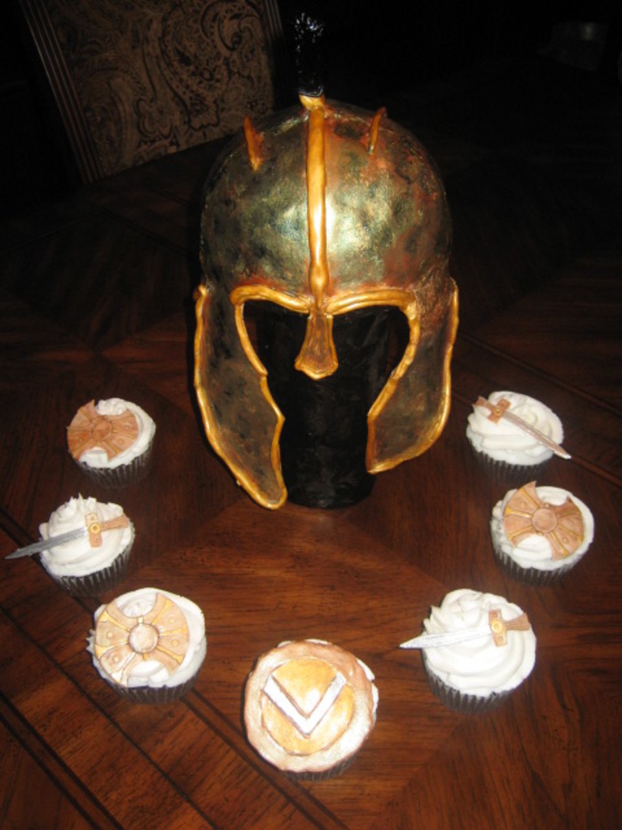 Spartan Helmet Cake & Cupcakes - CakeCentral.com