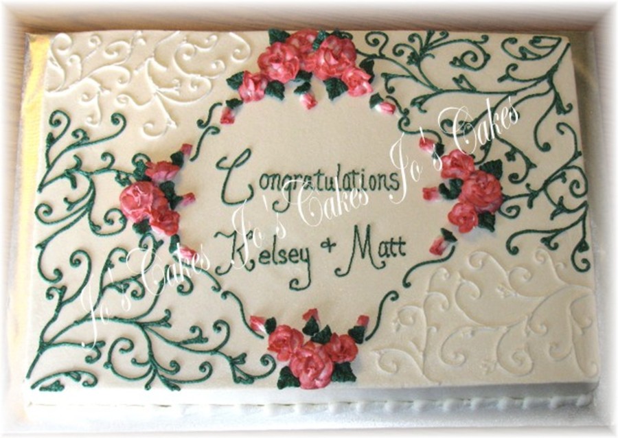 Fuschia Roses And Jade Scrolls Shower Cake - CakeCentral.com