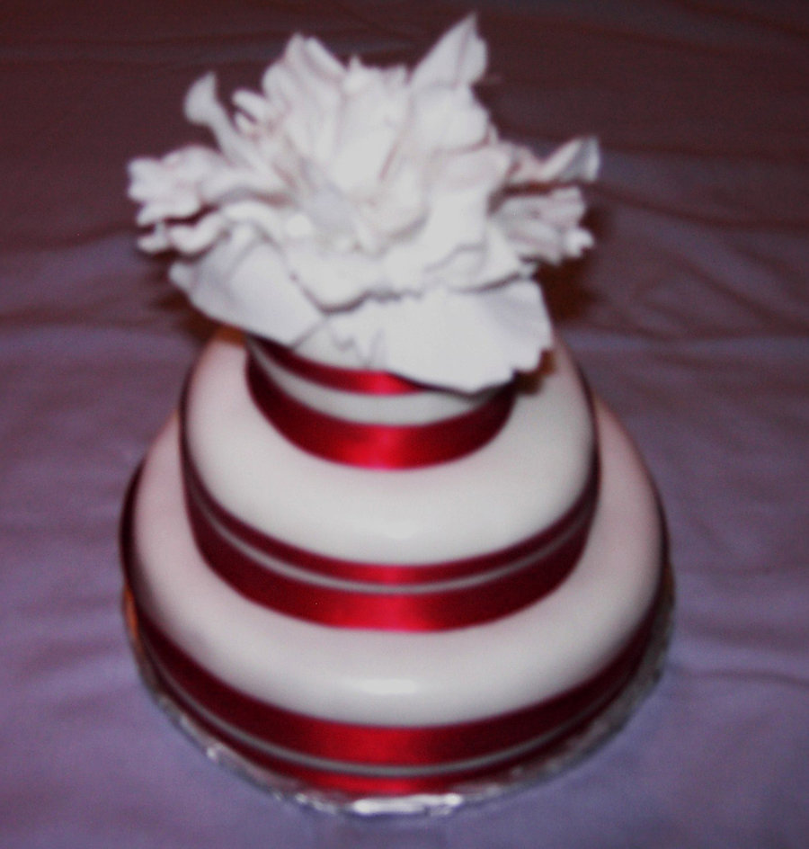 White W/red Ribbon 3 Tier Mini Cake - CakeCentral.com