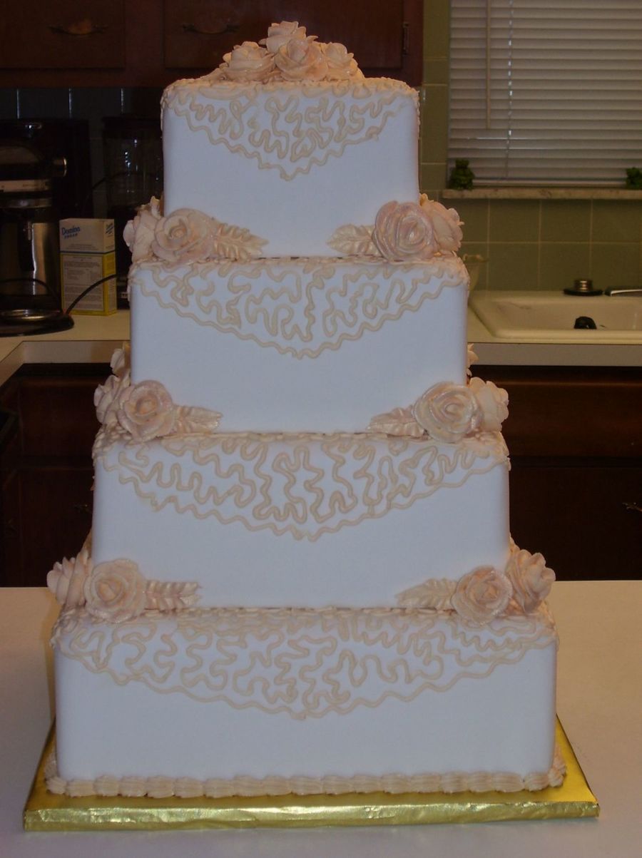 White And Peach Square Wedding Cake - CakeCentral.com