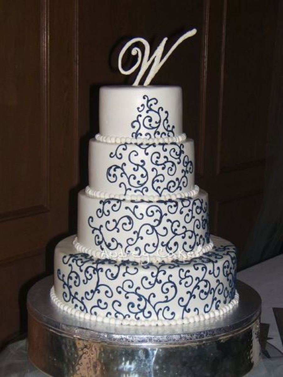 Navy Scrolls Wedding Cake - CakeCentral.com