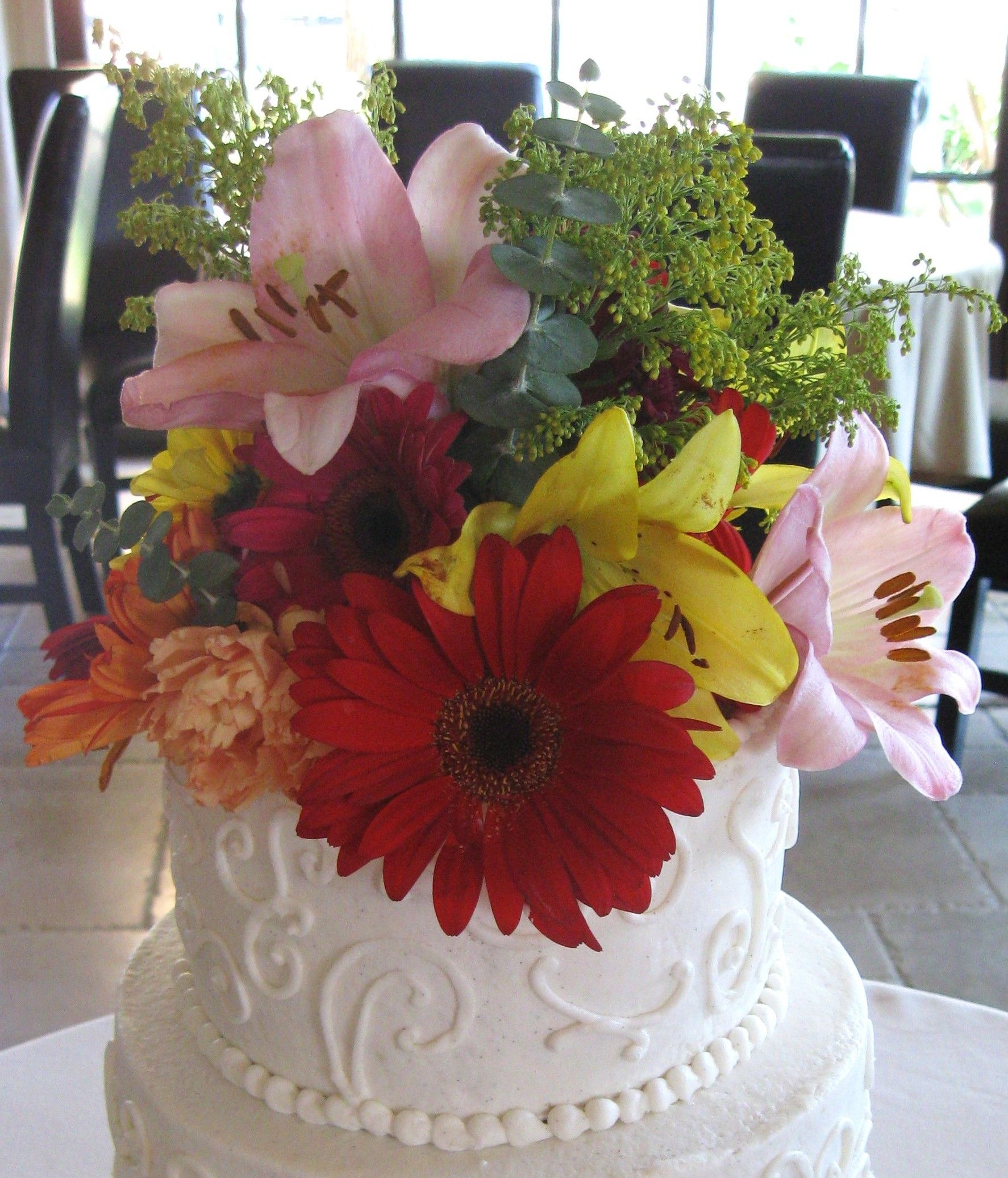 3 Tier Scroll Wedding Cake With Fresh Flowers - CakeCentral.com
