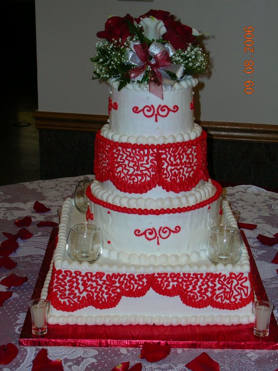 Square Wedding Cake With Red Lace - CakeCentral.com