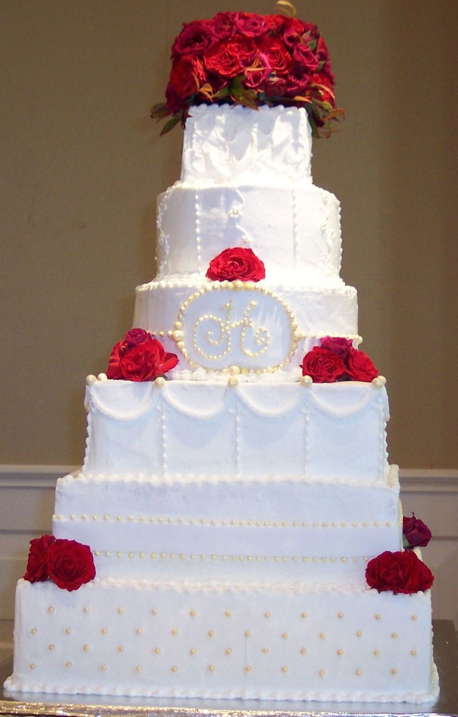 Square And Round Wedding Cake With Beads And Initials - CakeCentral.com
